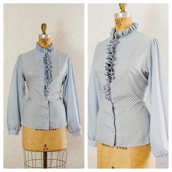 Vintage | Tops | Vintage 8s Academia Geeky Gray Swiss Polka Dot Ruffled Button Down Blouse S M ...